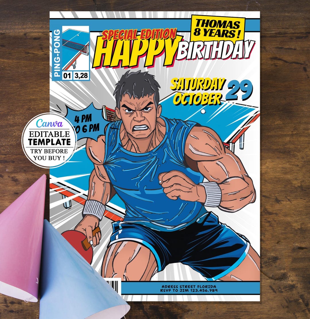 Ping-pong Sport Birthday Card, Editable Kids Birthday Party Invitation ...