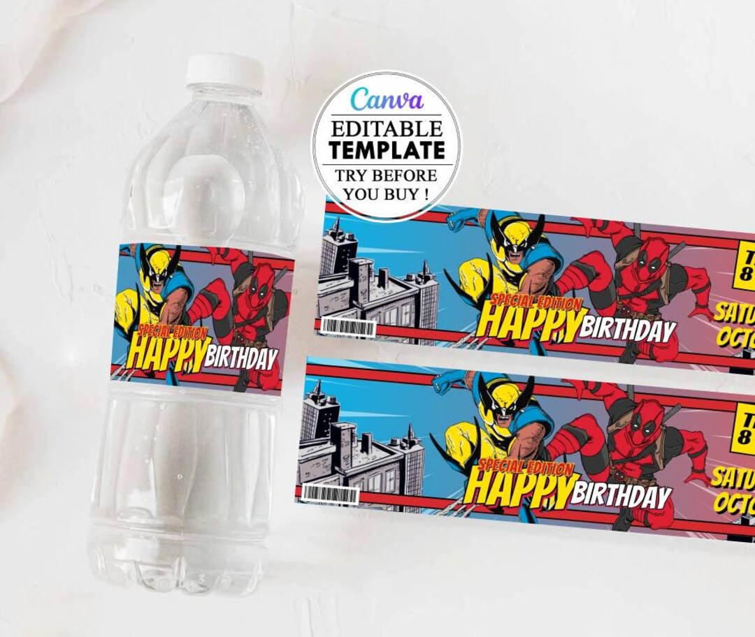 Wolverine Deadpool Birthday Water Bottle Label, Wolverine Deadpool ...