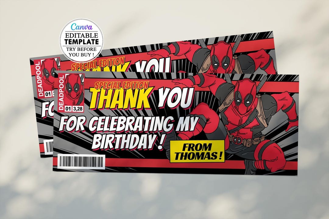Deadpool Comics Birthday Card, Editable Kids Birthday Party Card ...