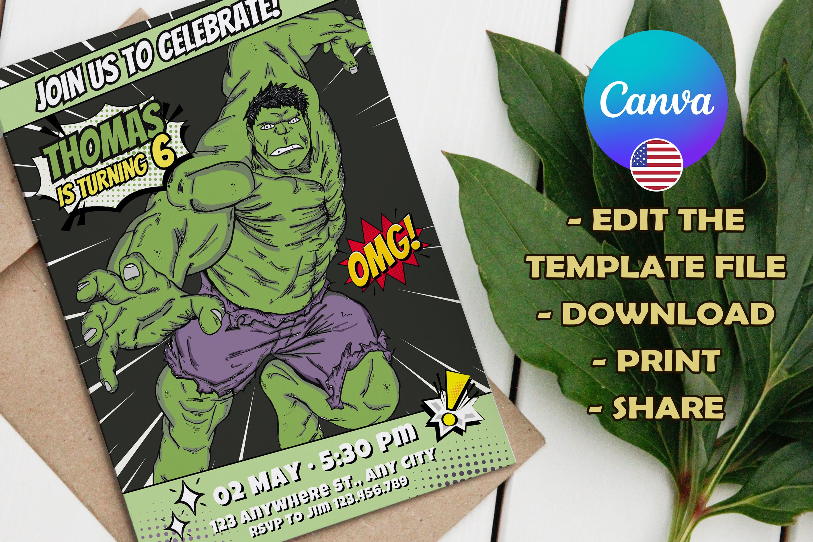 Invitation, Editable Hulk Birthday Card, Children's Birthday Party Card ...