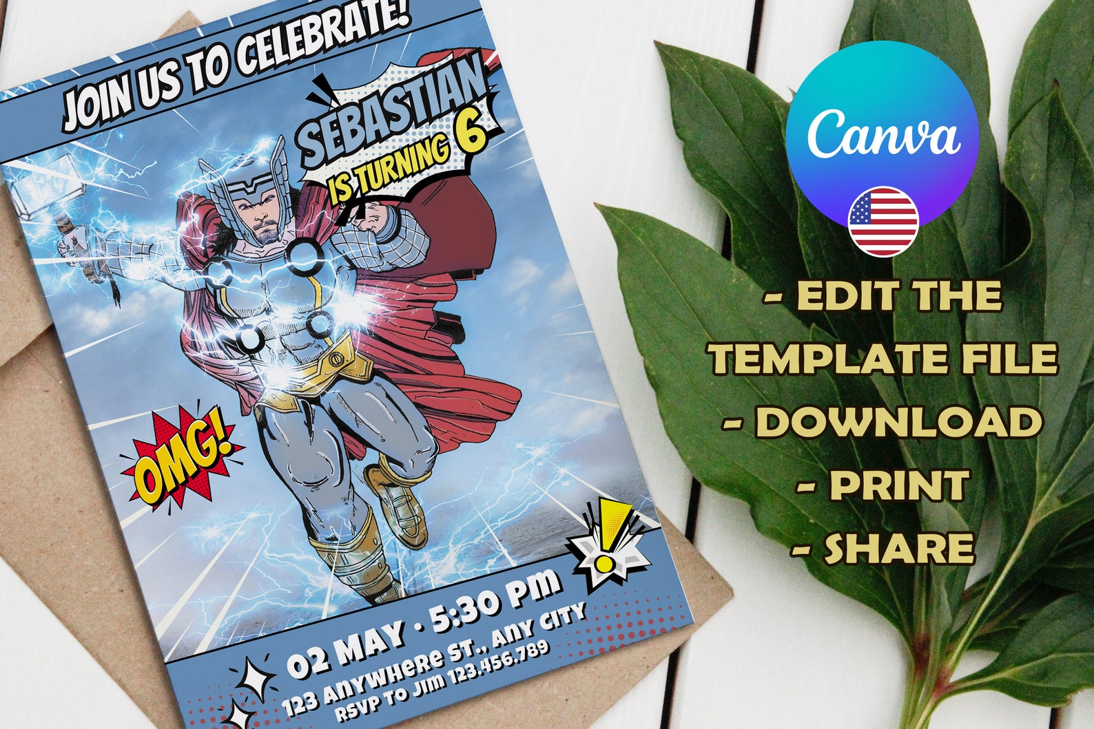 Announcement, Editable Thor Birthday Card, Children's Birthday Party ...