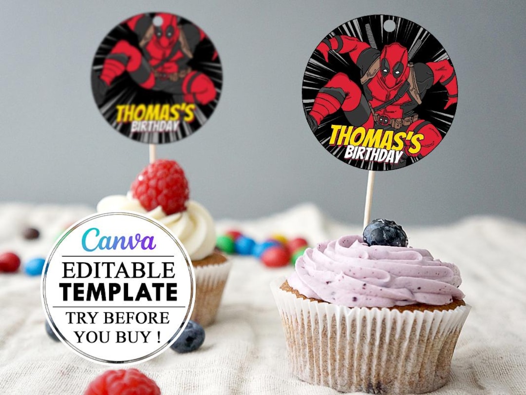 Deadpool Cupcake Topper Template Editable Canva Kids Party, Cupcake ...