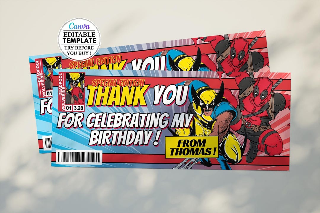 Wolverine Deadpool Birthday Thank You Card, Editable Kids Birthday ...