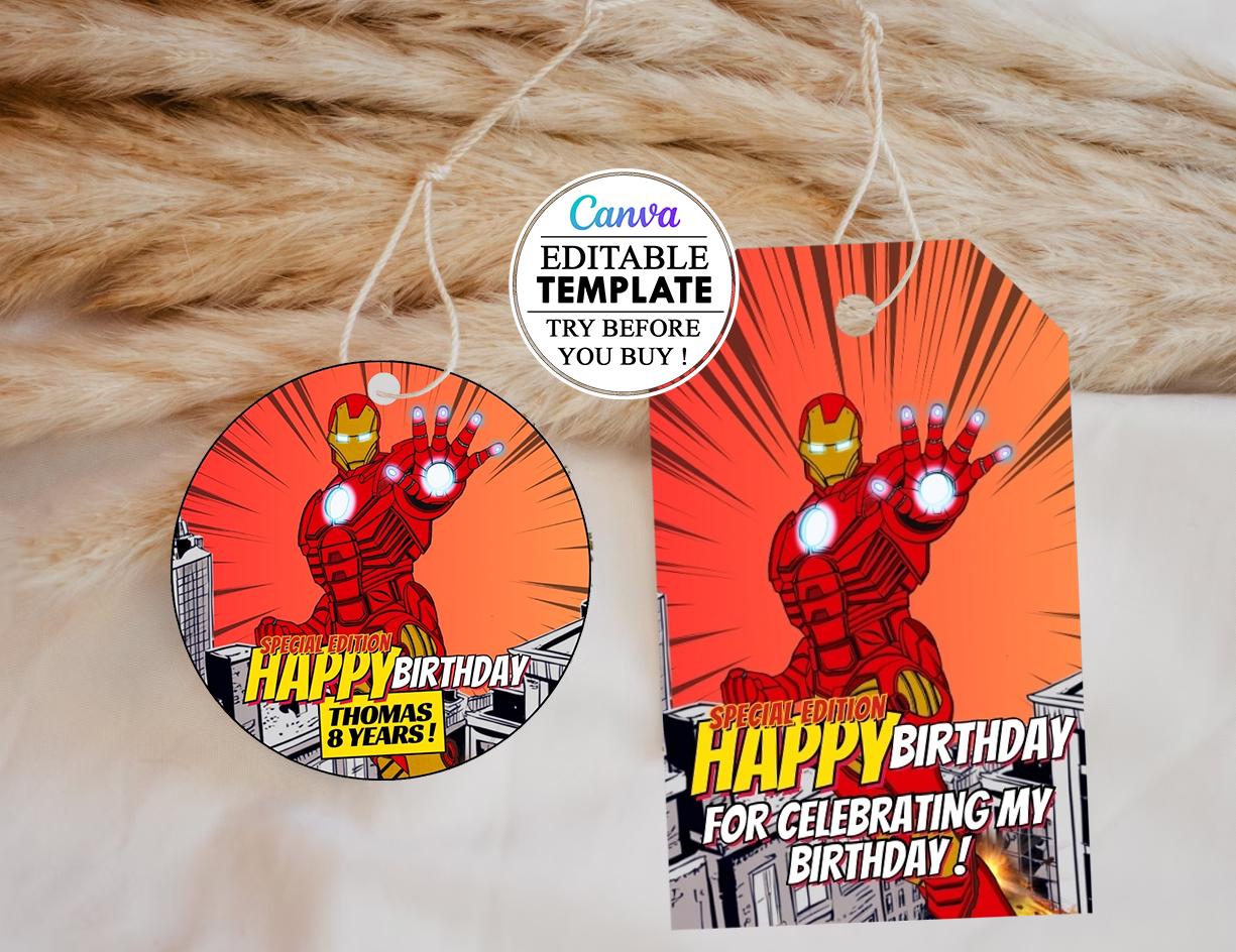 Round Favor Tag Template, Iron Man Round Tag, Square Tag, Editable ...