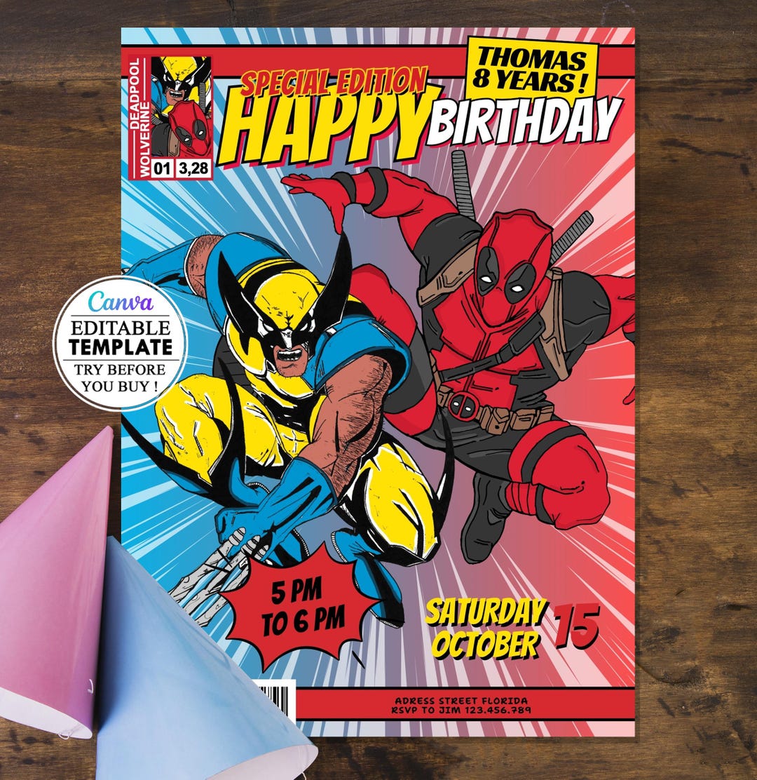 Wolverine and Deadpool Birthday Card, Kids Birthday Party Invitation ...