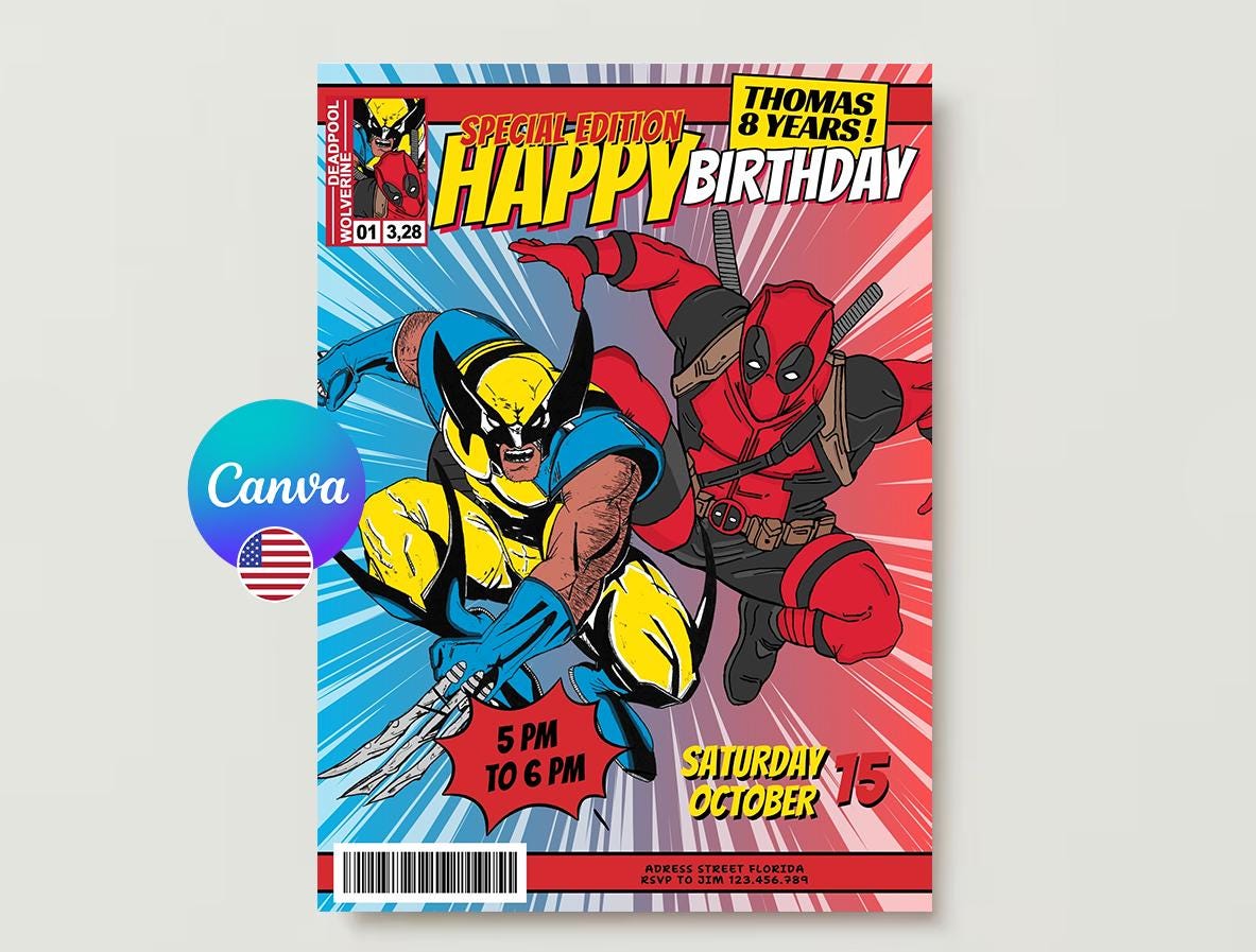 Wolverine and Deadpool Birthday Card, Kids Birthday Party Invitation ...