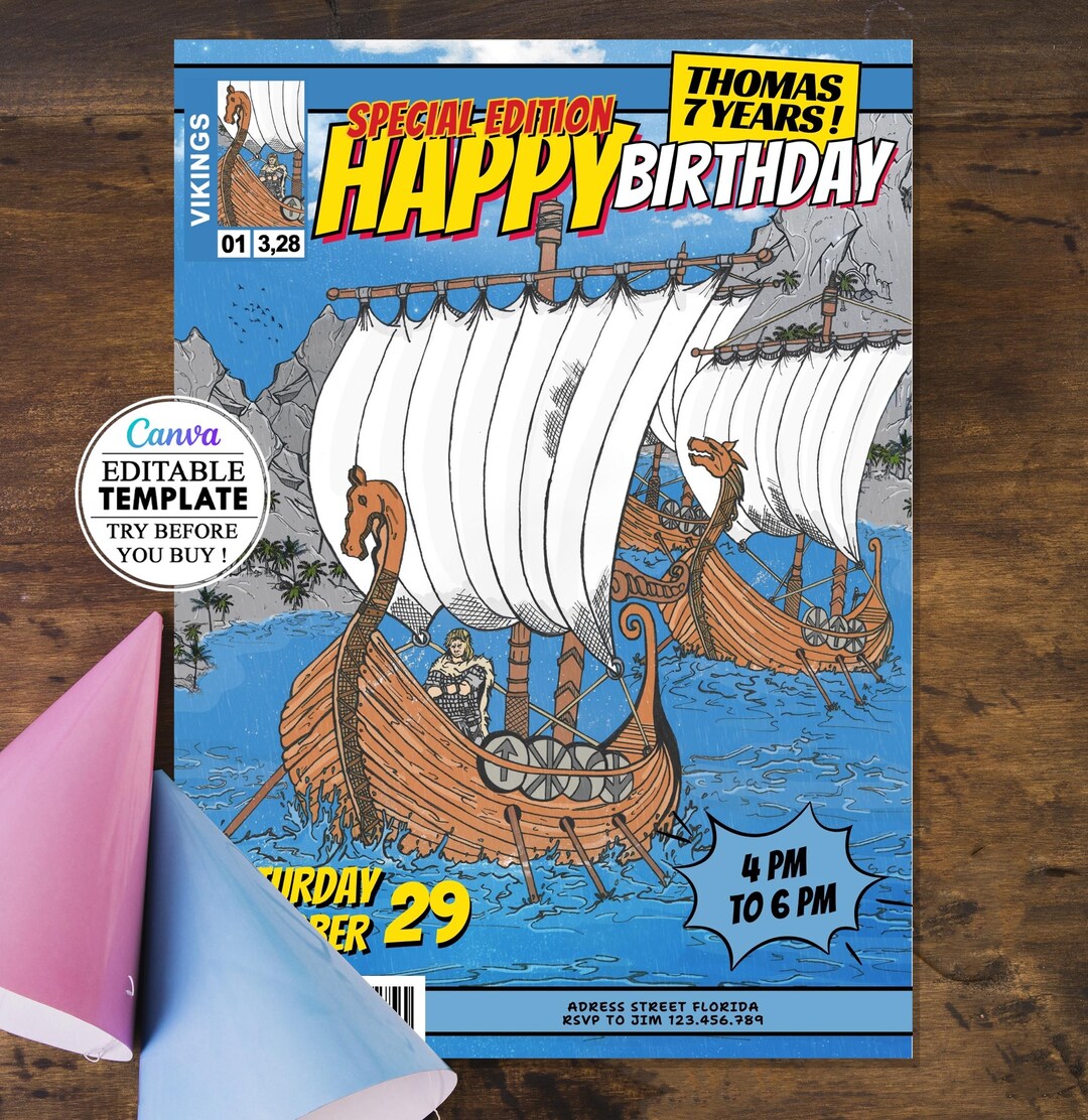 Vikings Birthday Card, Editable Canva Vikings Children's Birthday Card ...
