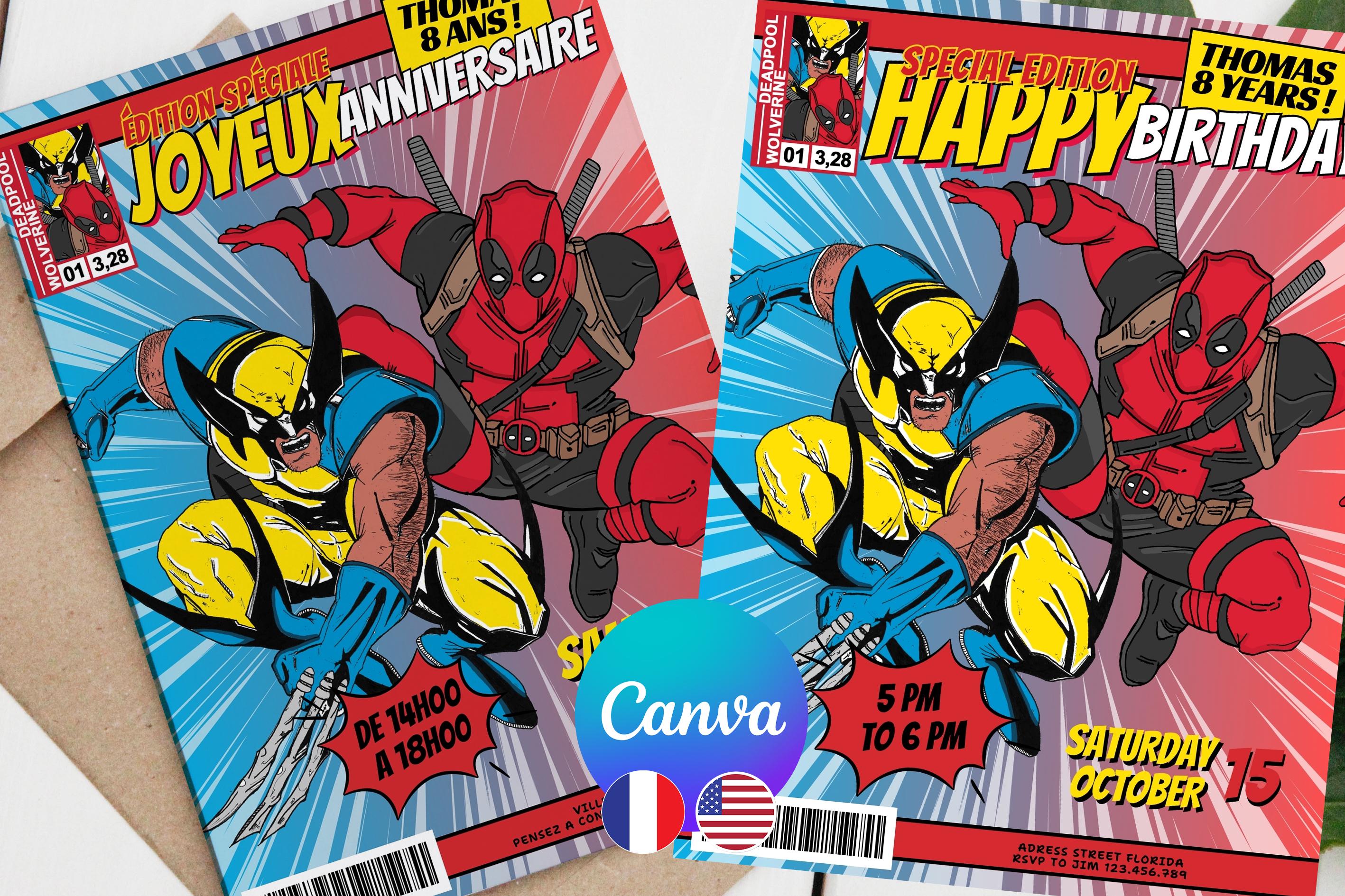 Wolverine and Deadpool Birthday Card, Kids Birthday Party Invitation ...
