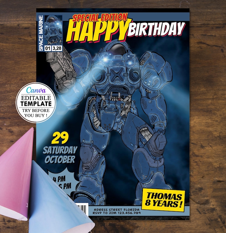 Space Marine Comics Birthday Card, Editable Kids Birthday Card ...