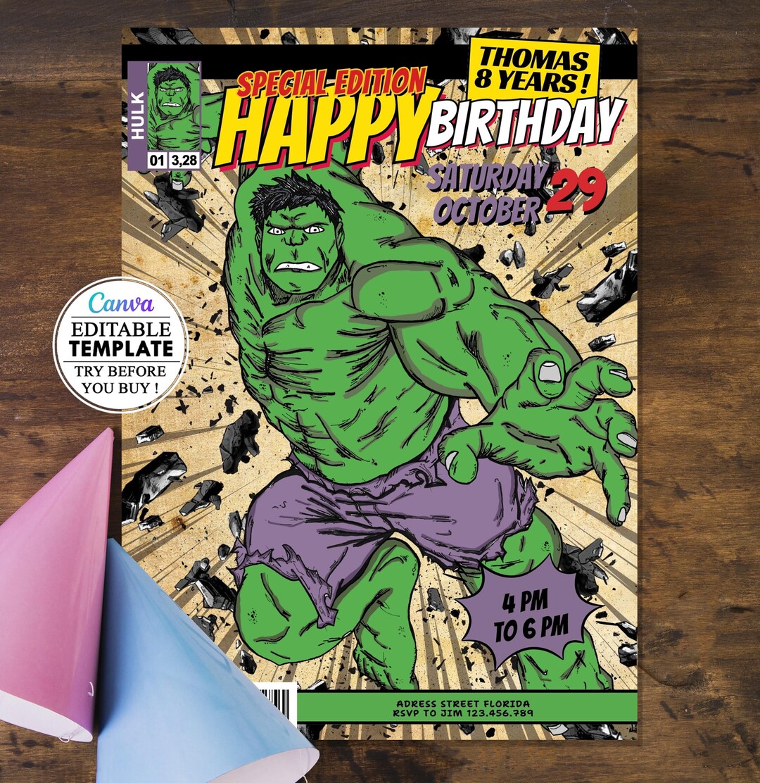 Hulk Comics Birthday Card, Editable Kids Birthday Card Invitation Canva ...