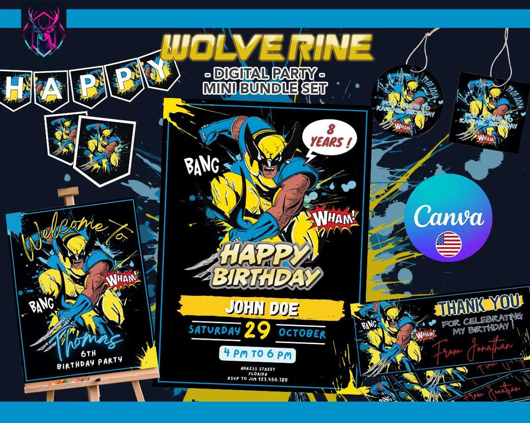 Wolverine Birthday Pack, Editable Kids Birthday Party Card Invitation ...