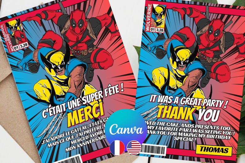 Deadpool Wolverine Thank You Card Editable Canva Template Printable ...