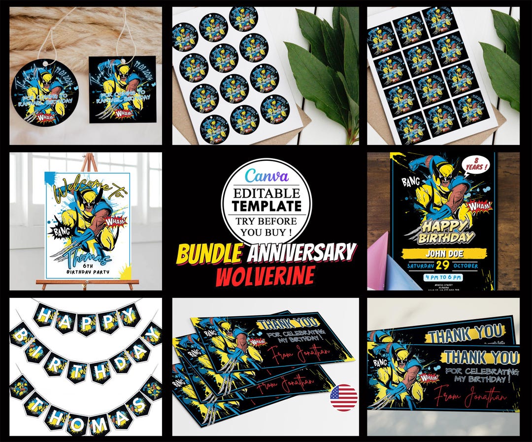 Wolverine Birthday Pack, Editable Kids Birthday Party Card Invitation ...