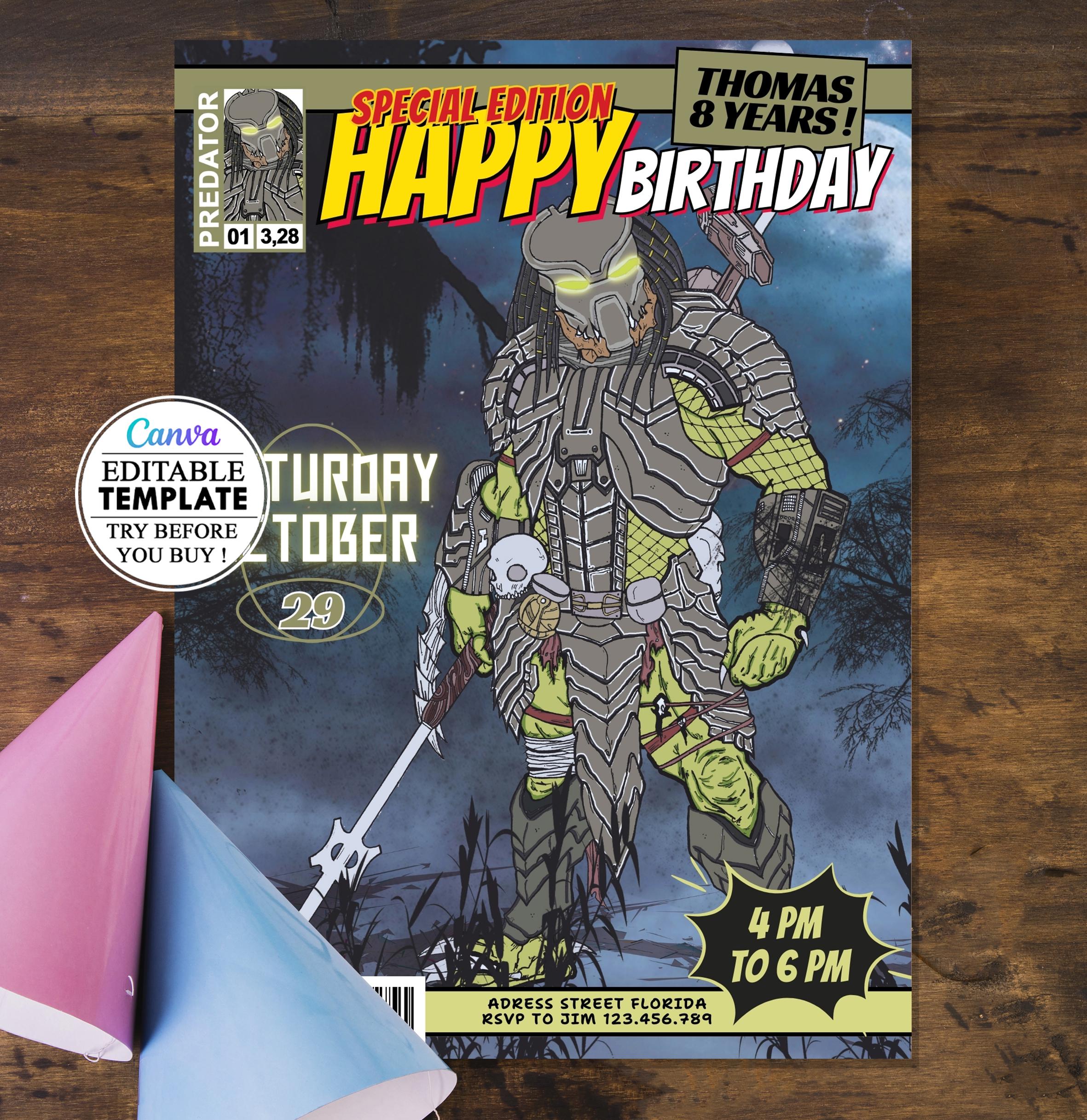 Predator Birthday Card, Kids Birthday Party Invitation Card Editable ...