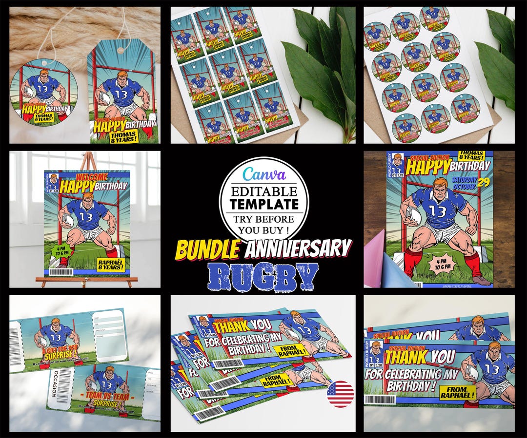 Rugby Sport Birthday Pack, Editable Kids Birthday Party Card Invitation ...