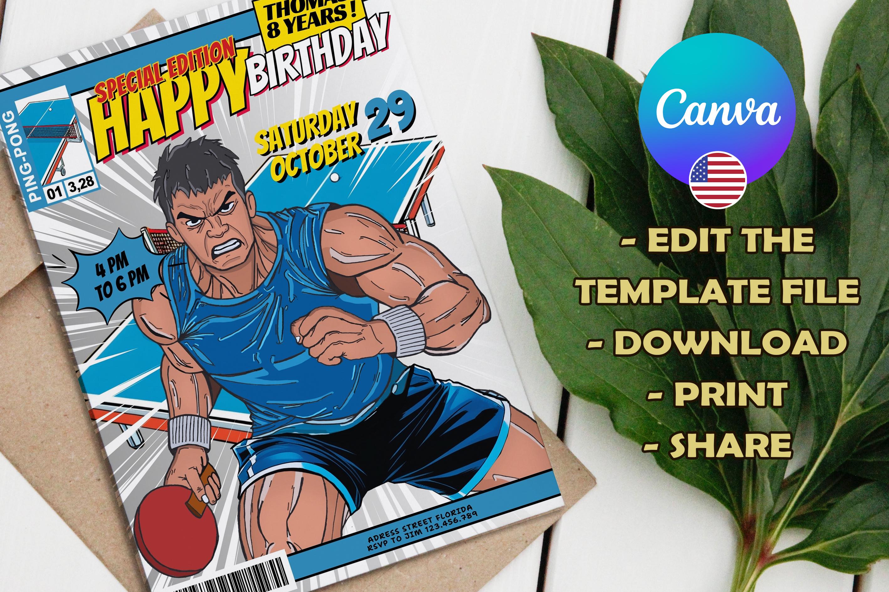 Ping-pong Sport Birthday Card, Editable Kids Birthday Party Invitation ...