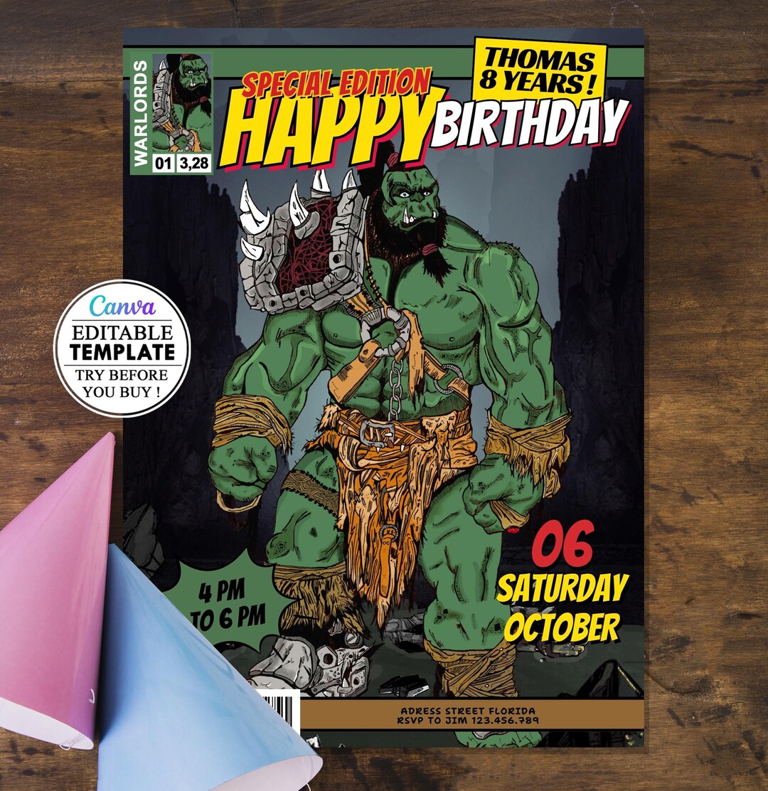Orc Heroic-fantasy Comics Birthday Card, Editable Canva Children's ...