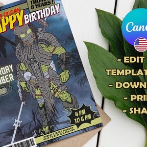 Predator Birthday Card, Kids Birthday Party Invitation Card Editable ...