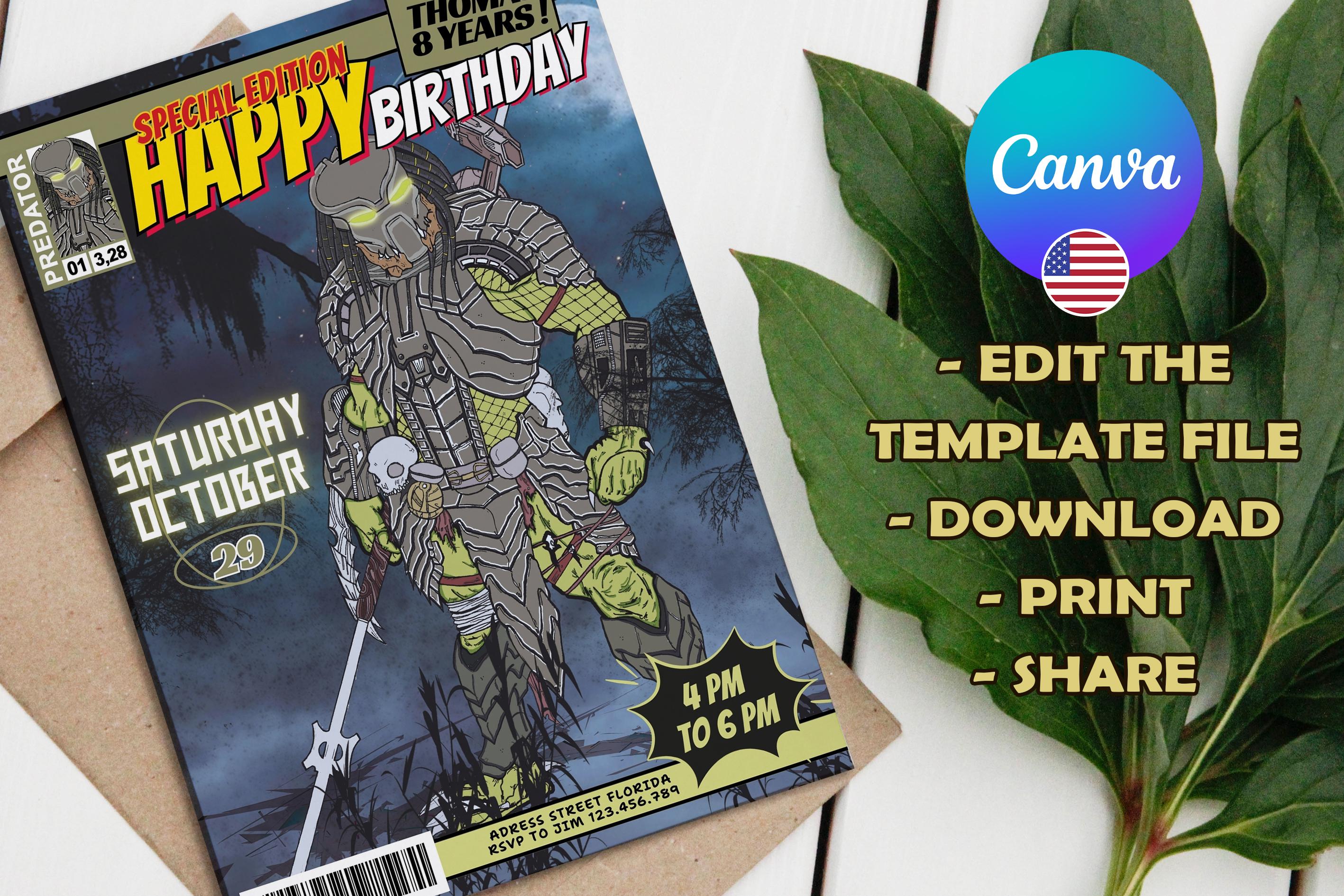 Predator Birthday Card, Kids Birthday Party Invitation Card Editable ...