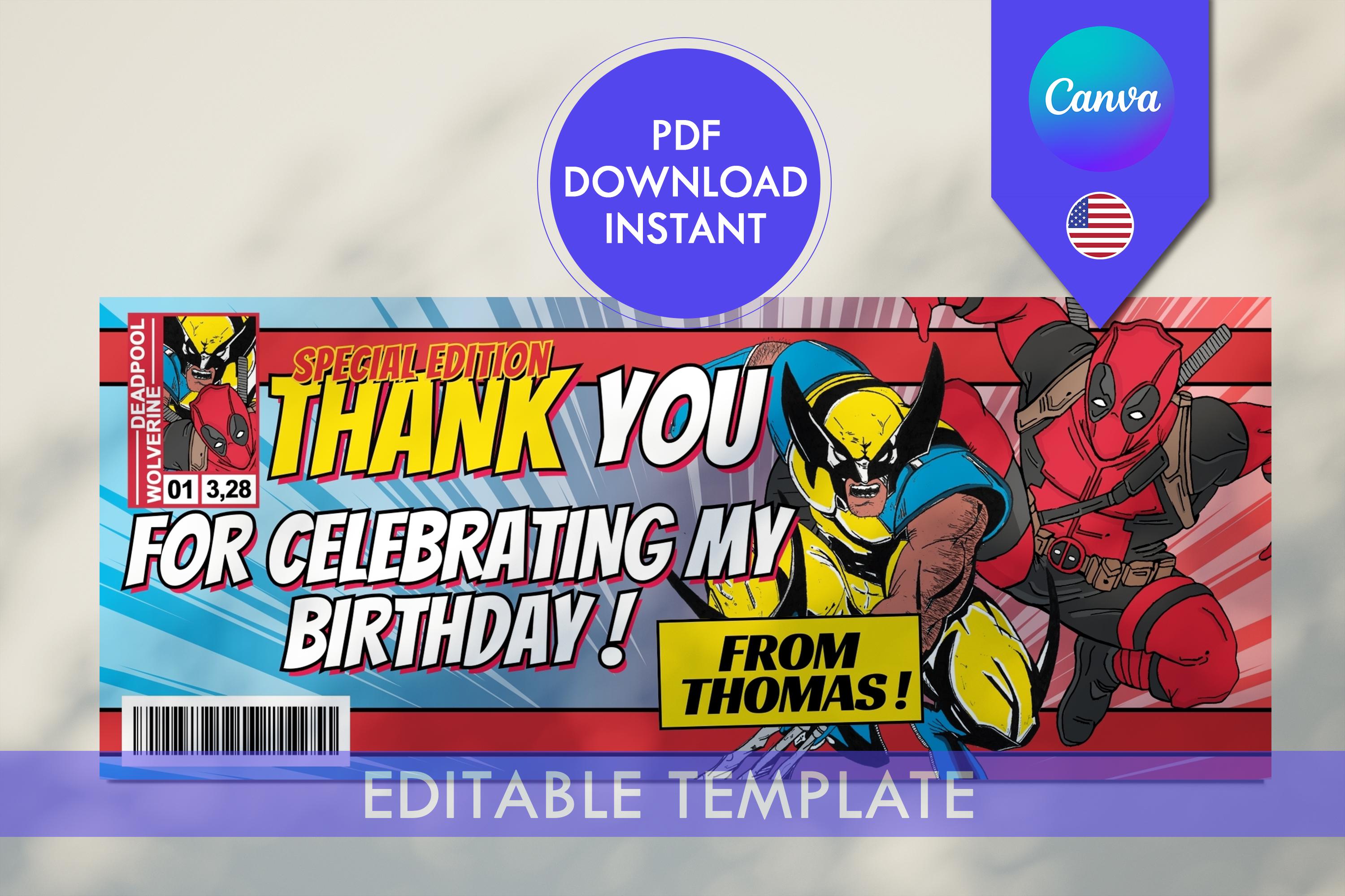 Wolverine Deadpool Birthday Thank You Card, Editable Kids Birthday ...