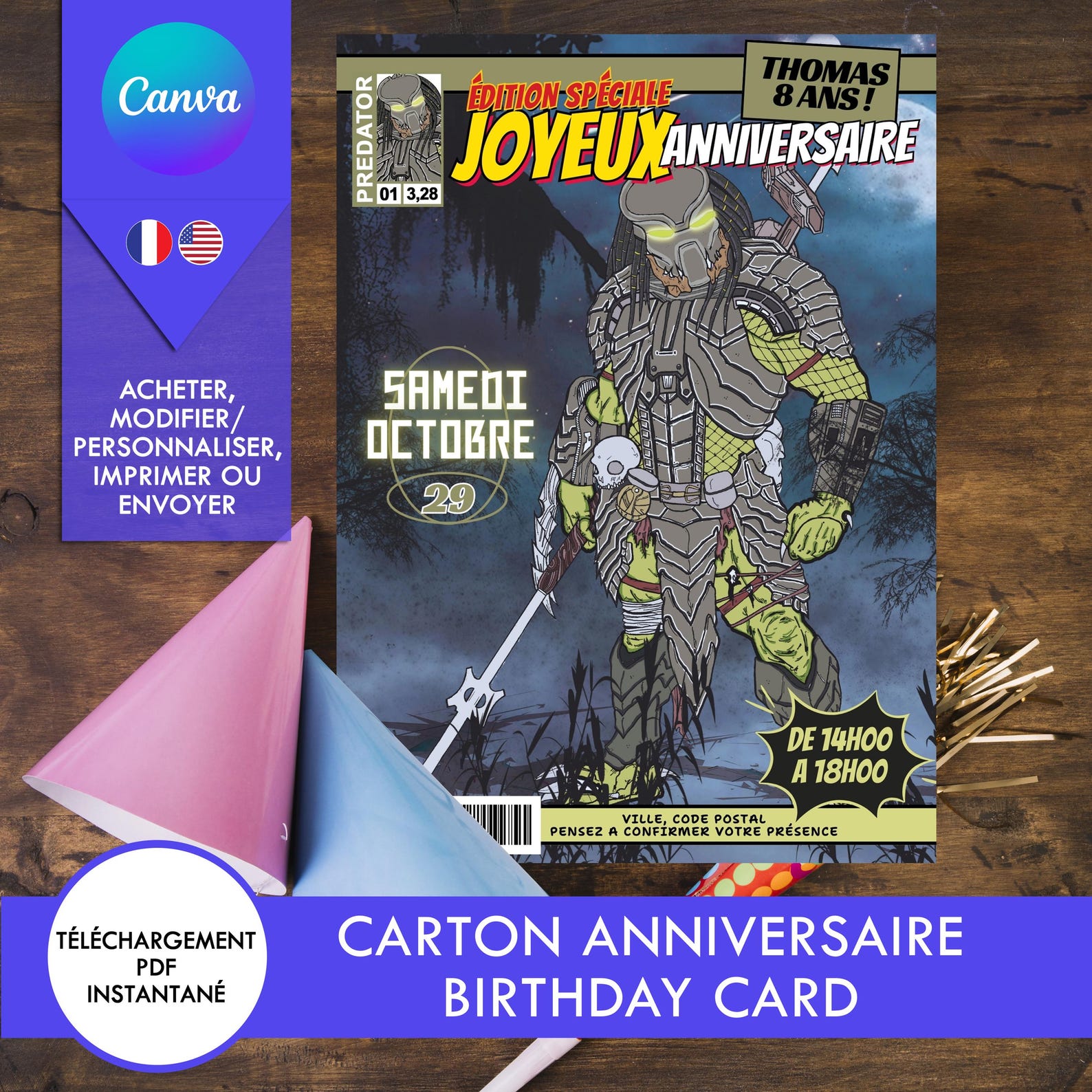 Predator Birthday Card, Kids Birthday Party Invitation Card Editable ...