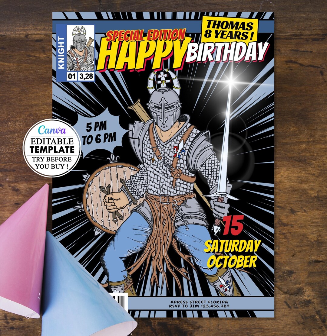 Editable Knight Medieval Boy Birthday Invitation Template, Editable ...