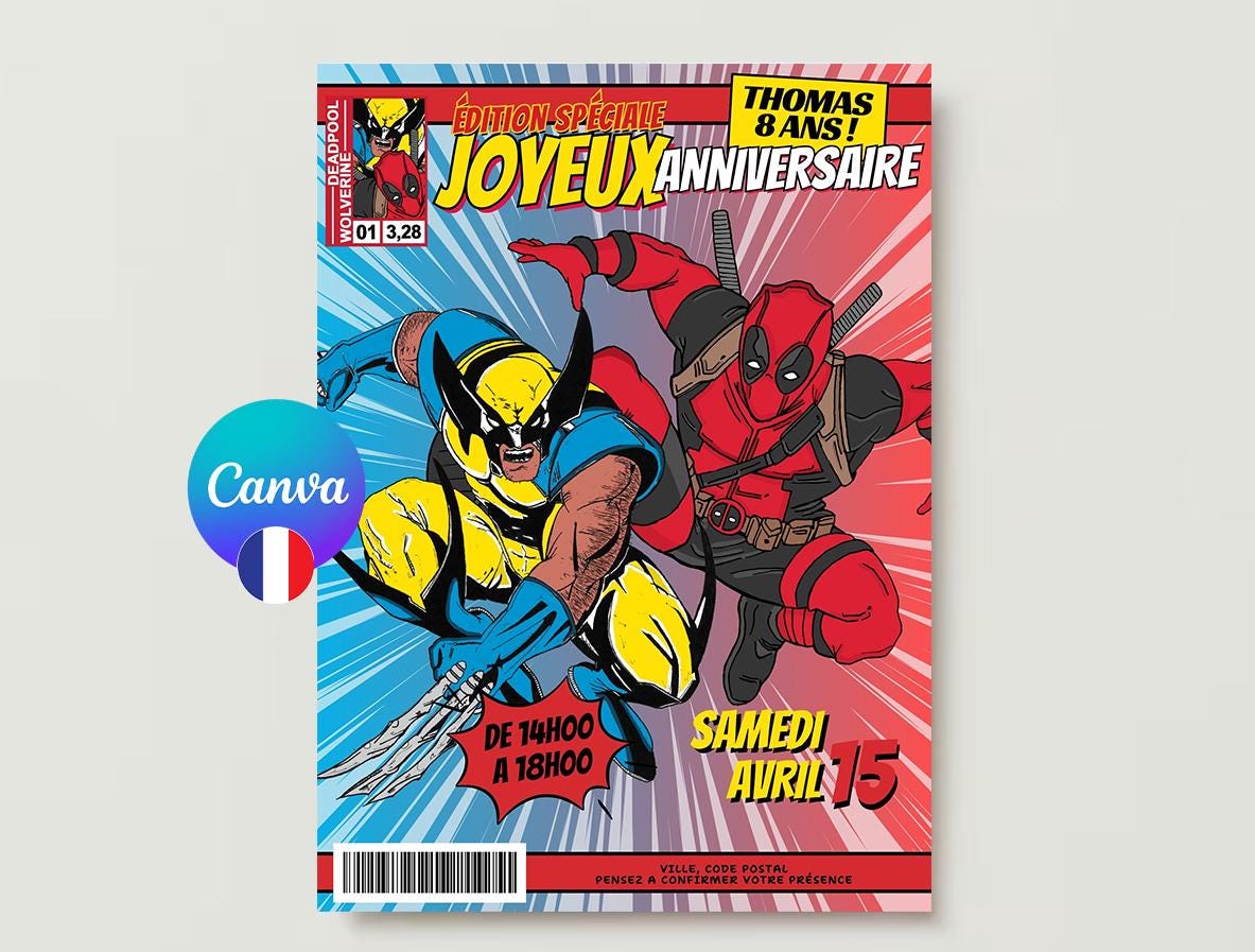 Wolverine and Deadpool Birthday Card, Kids Birthday Party Invitation ...