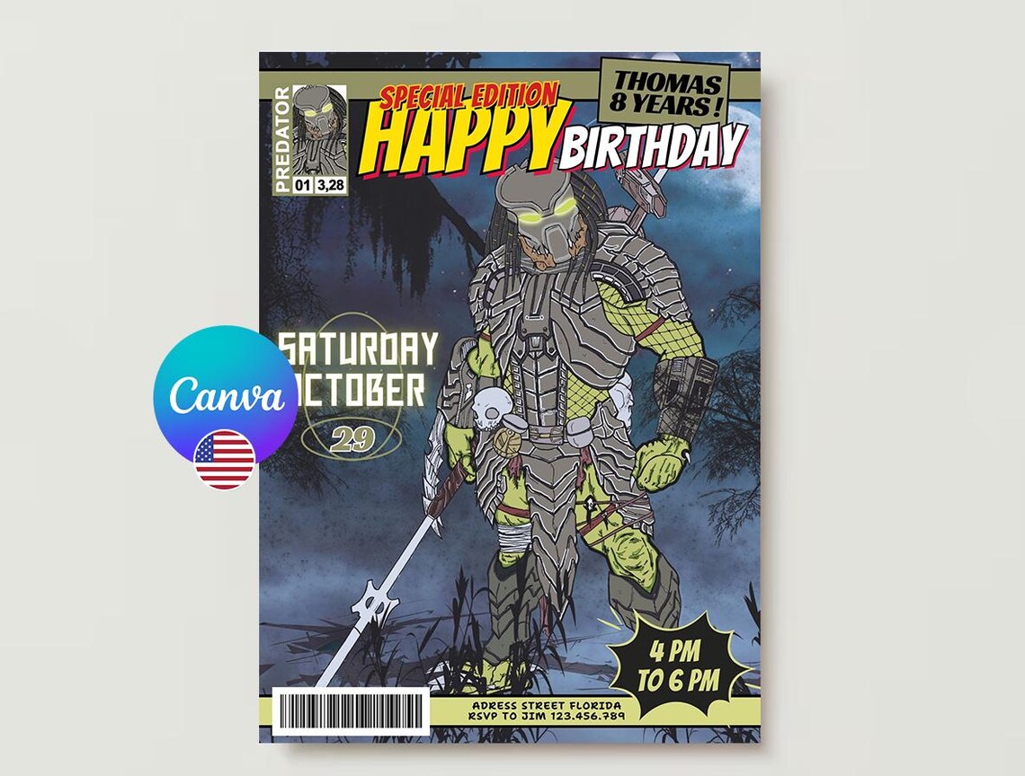 Predator Birthday Card, Kids Birthday Party Invitation Card Editable ...