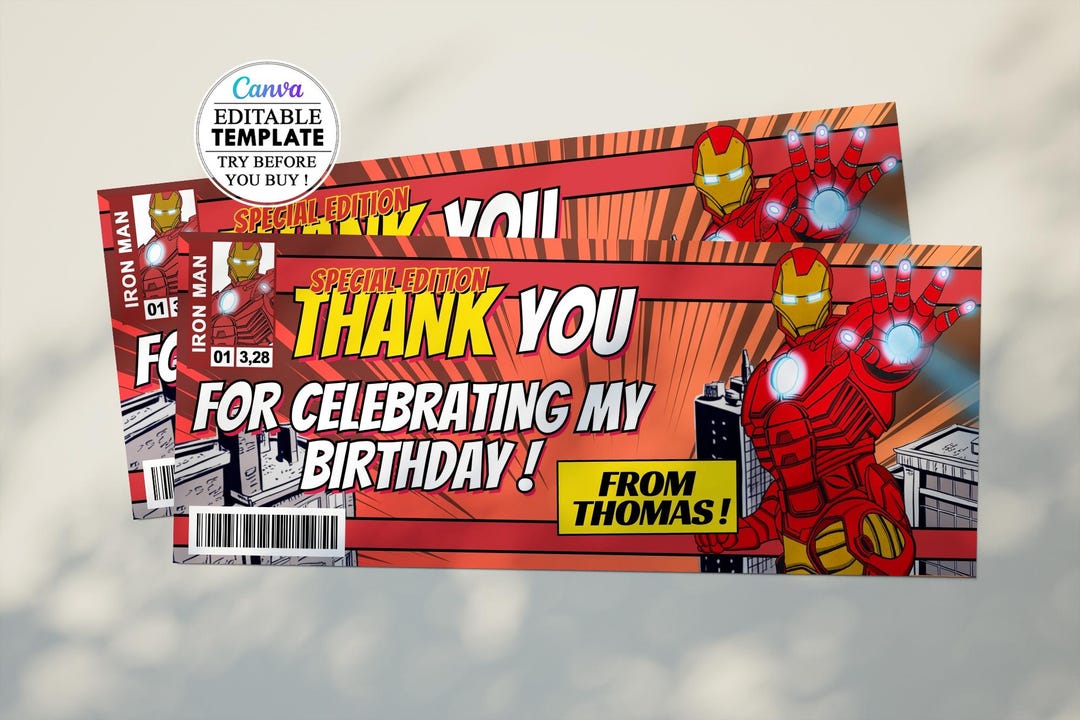 Editable Iron Man Thank You Card Template - Editable & Printable ...