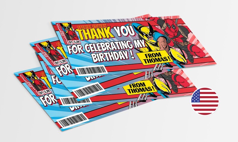 Wolverine Deadpool Birthday Thank You Card, Editable Kids Birthday ...