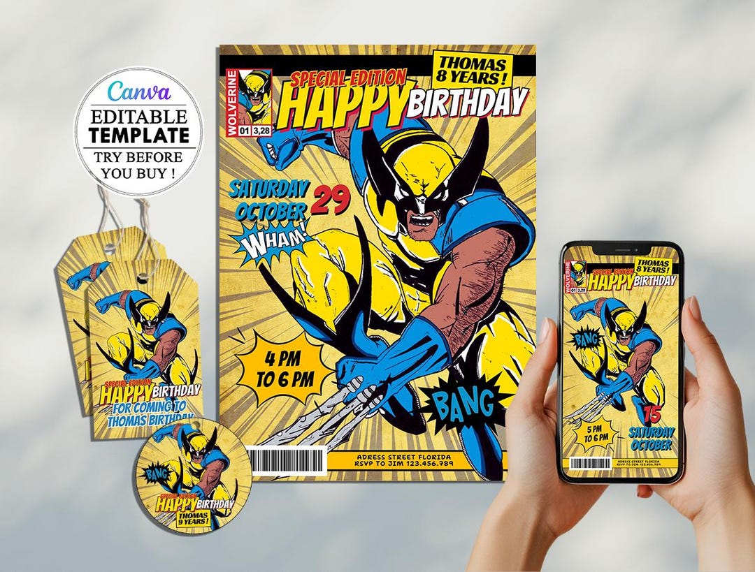 Editable Wolverine Kids Birthday Invitation Template, Superhero ...