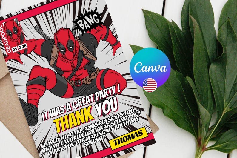 Deadpool Thank You Card Editable Canva Template Printable Instant ...