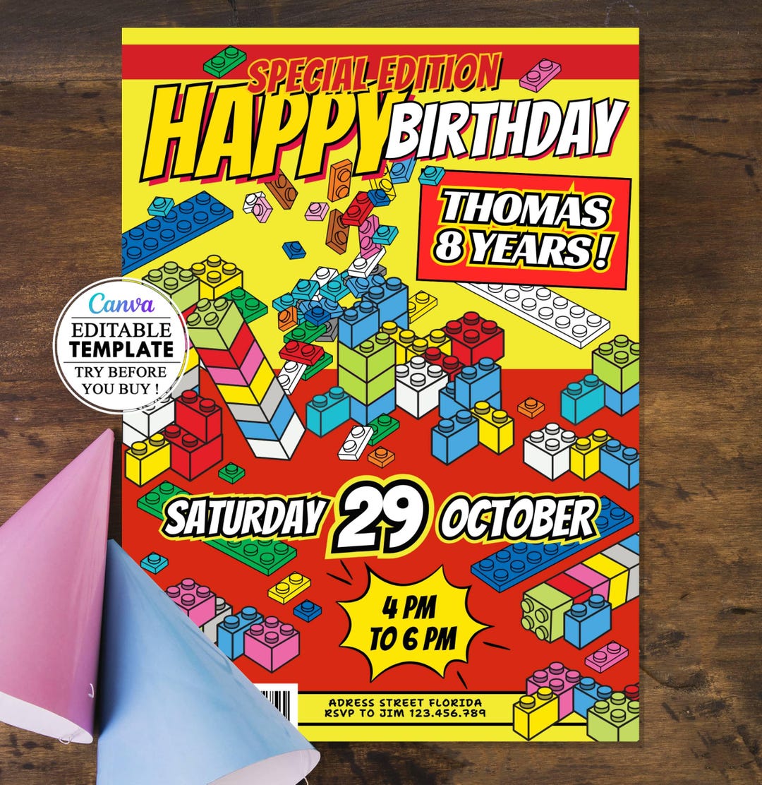 Kids Birthday Card Building Blocks, Birthday Party Invitation Card ...