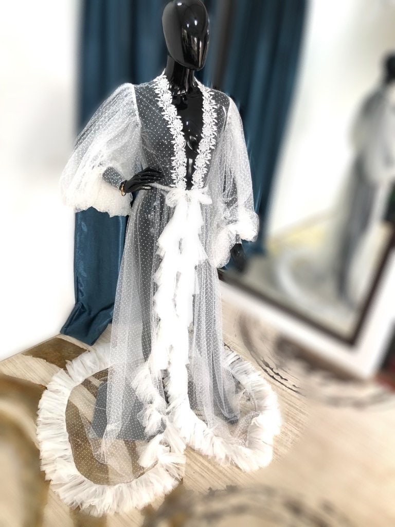 Bridal Robe Long Bridal Robe Wedding Bridal Robe Tulle White Bridal ...