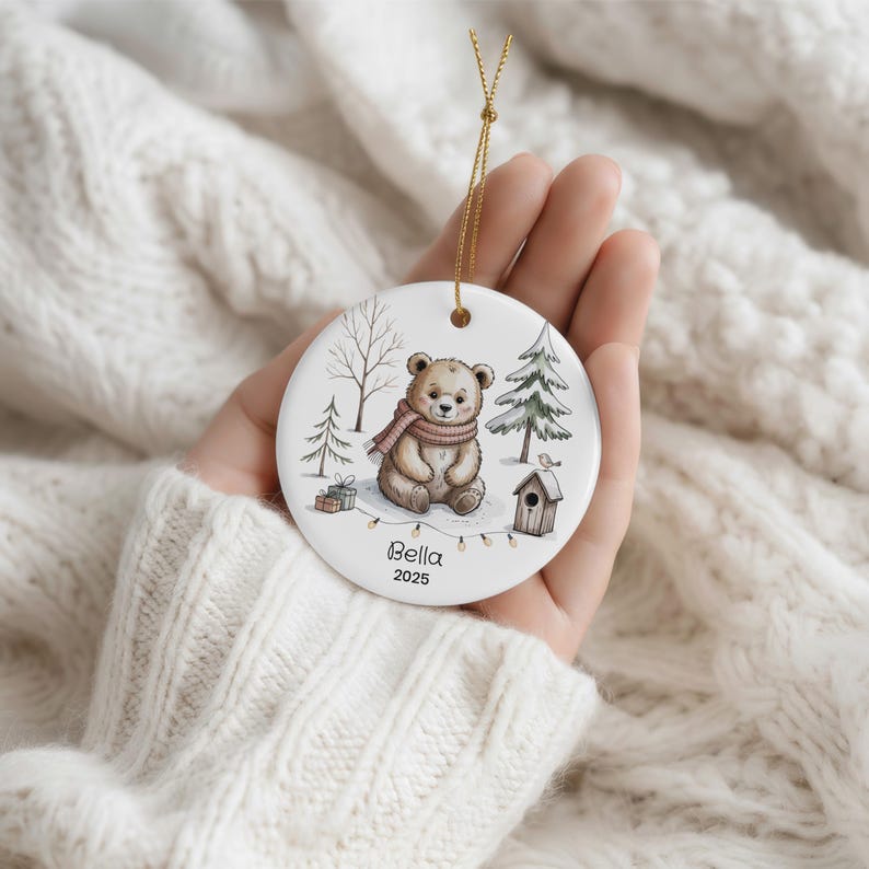 Custom Ceramic Bear Ornament, Rustic Woodland Decor, Holiday Gift, Cute ...