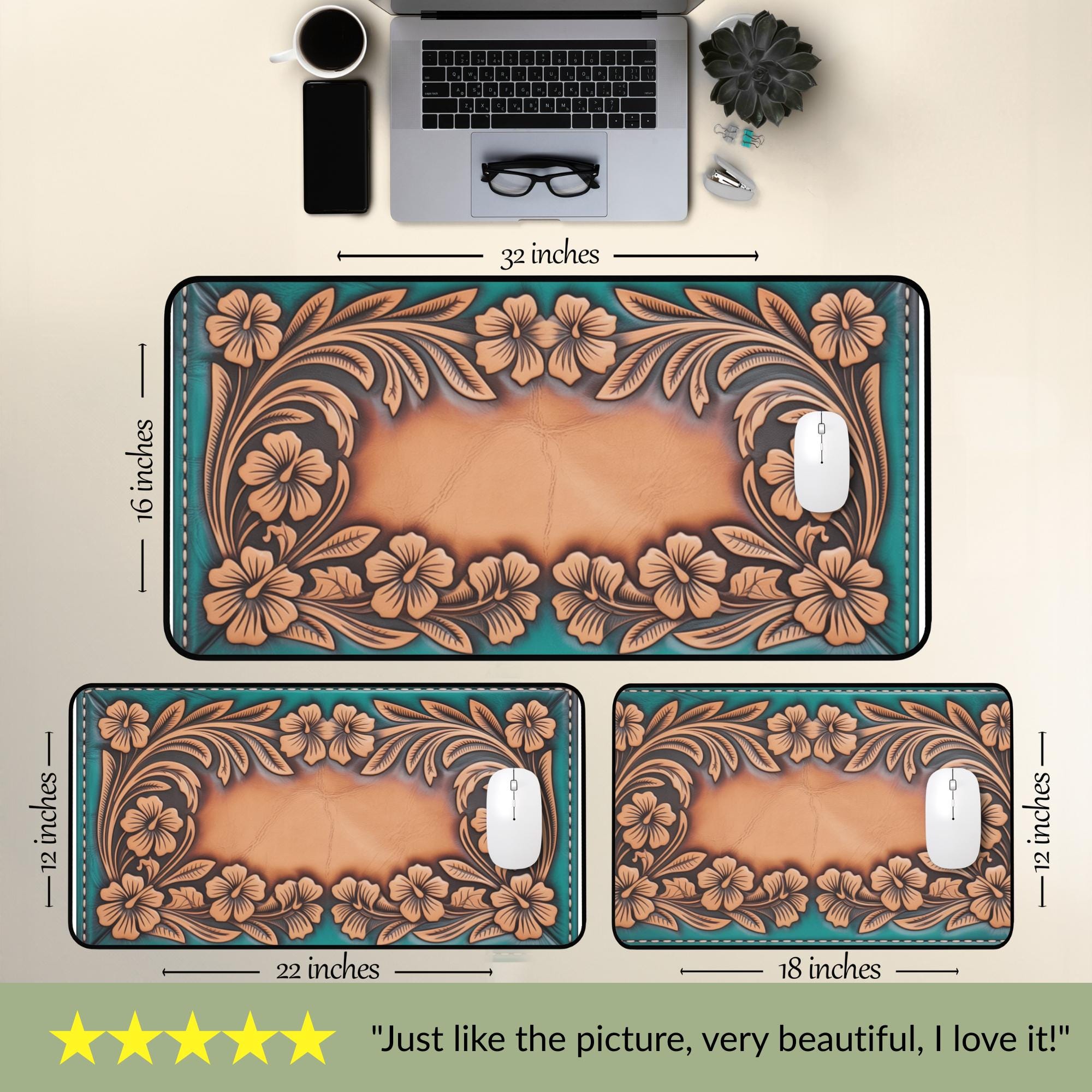 Tooled Leather Desk Mat Gift for Her Rustic Floral Mouse Pad Office ...