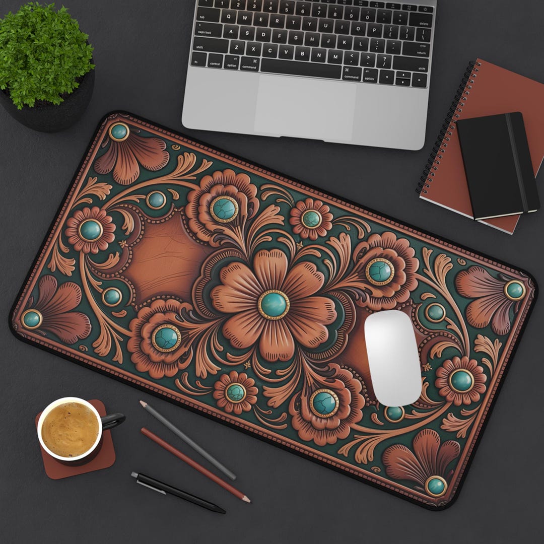 Tooled Leather Look Desk Mat Gift for Her Cowgirl Office Decor With ...