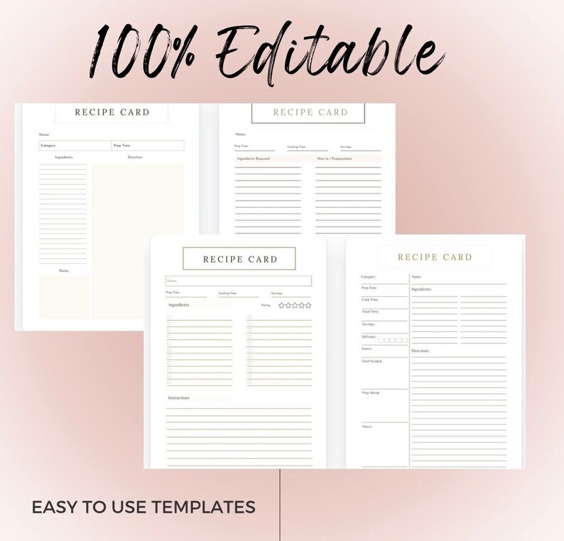 100% EDITABLE Recipe Card Template Bundle, Recipe Template, Recipe ...