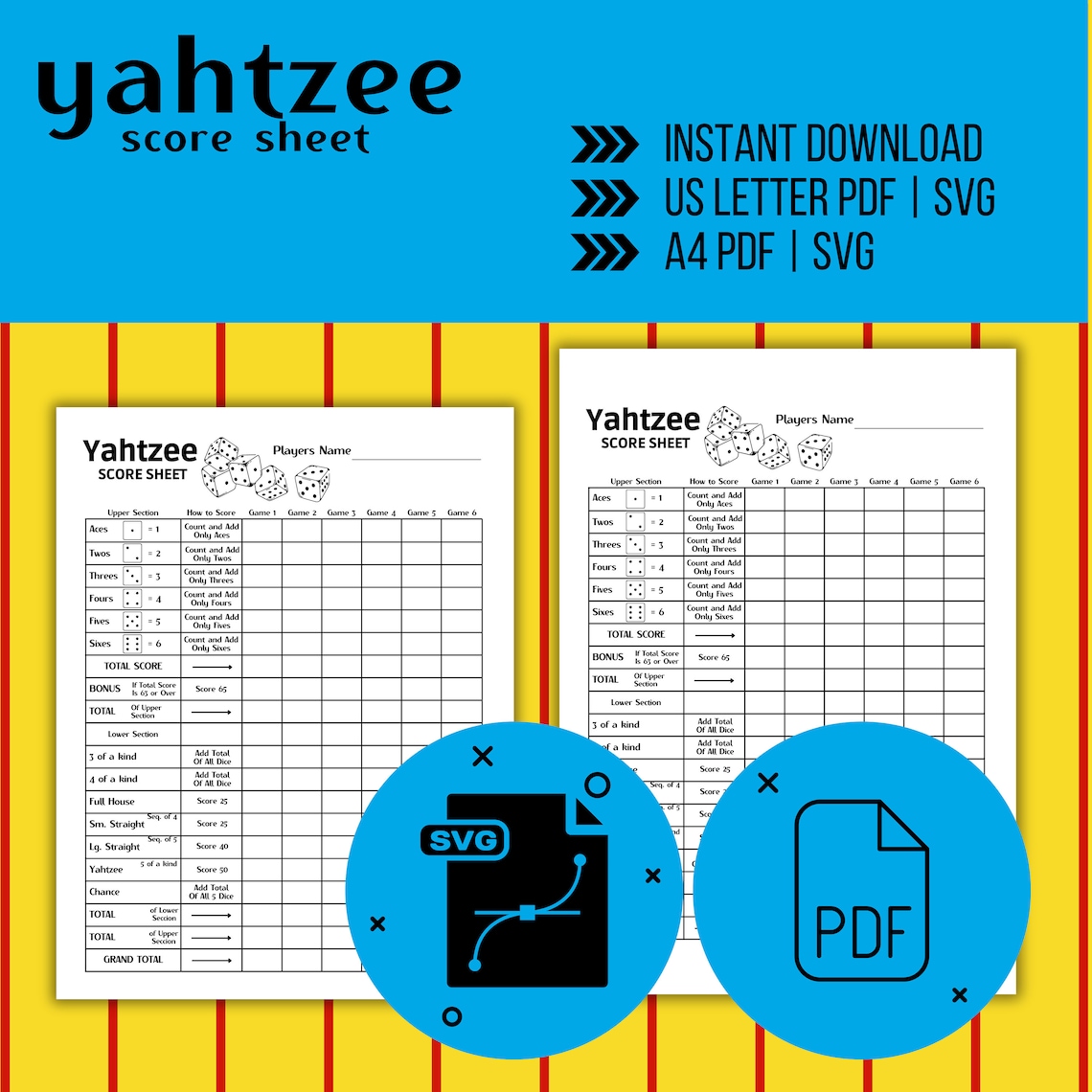 Yahtzee Dice Game Score Sheet PDF SVG FILE Yahtzee Template Yardzee Score Card Yatzee Scoring ...