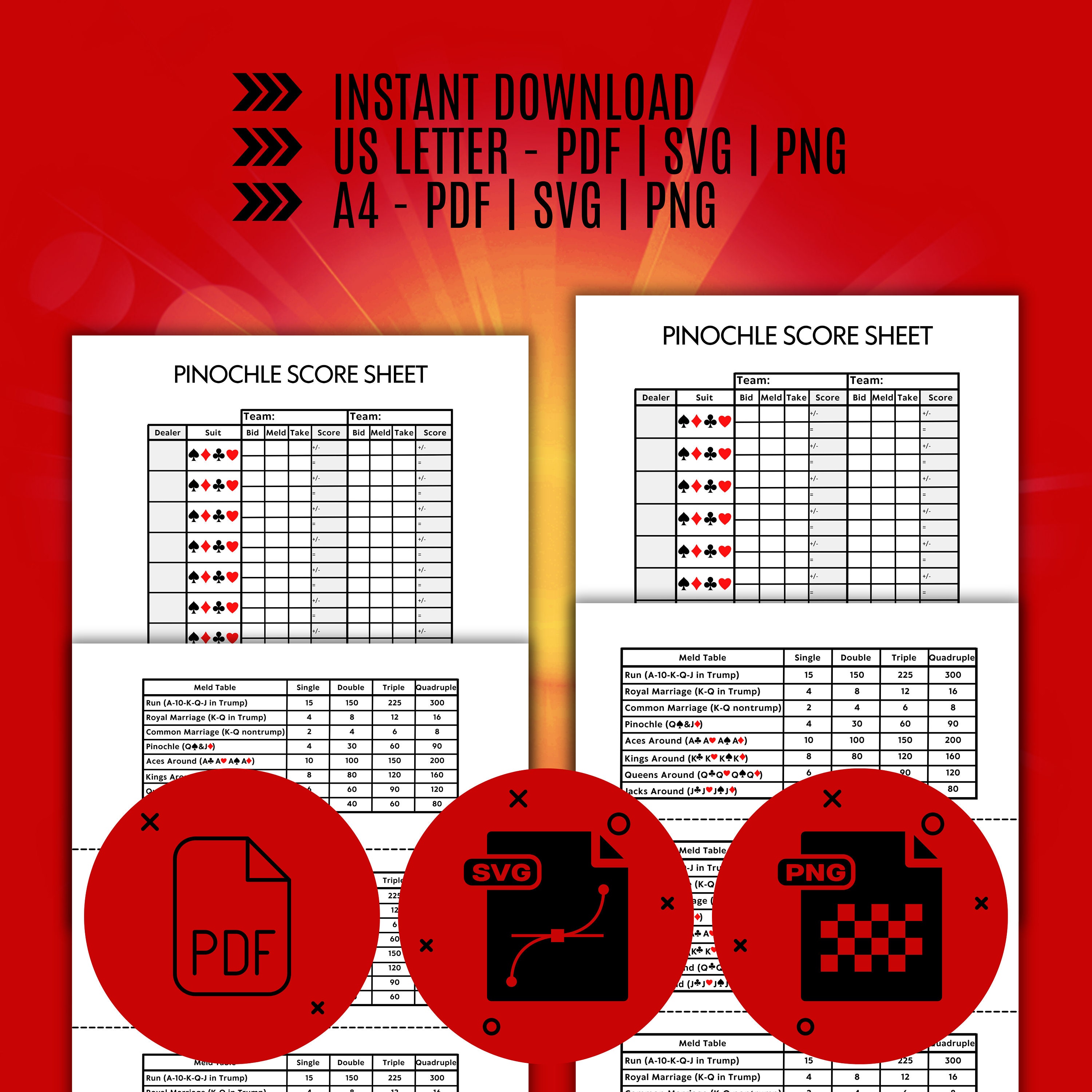 Pinochle Card Game Score Sheets | PDF SVG PNG Digital Download ...