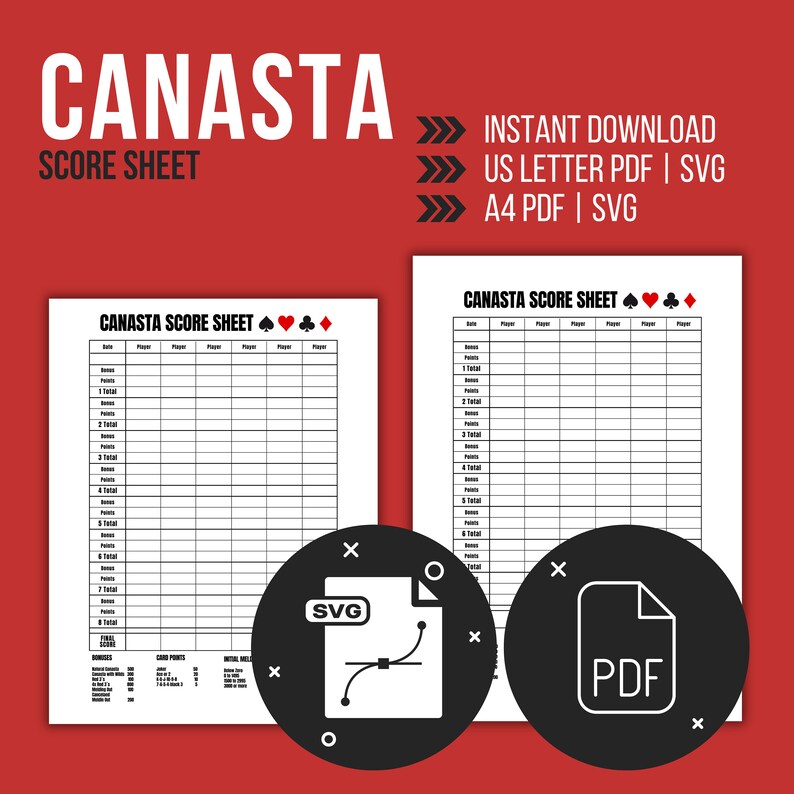 Canasta Score Sheet Canasta SVG Template Canasta Game Score Keeper ...