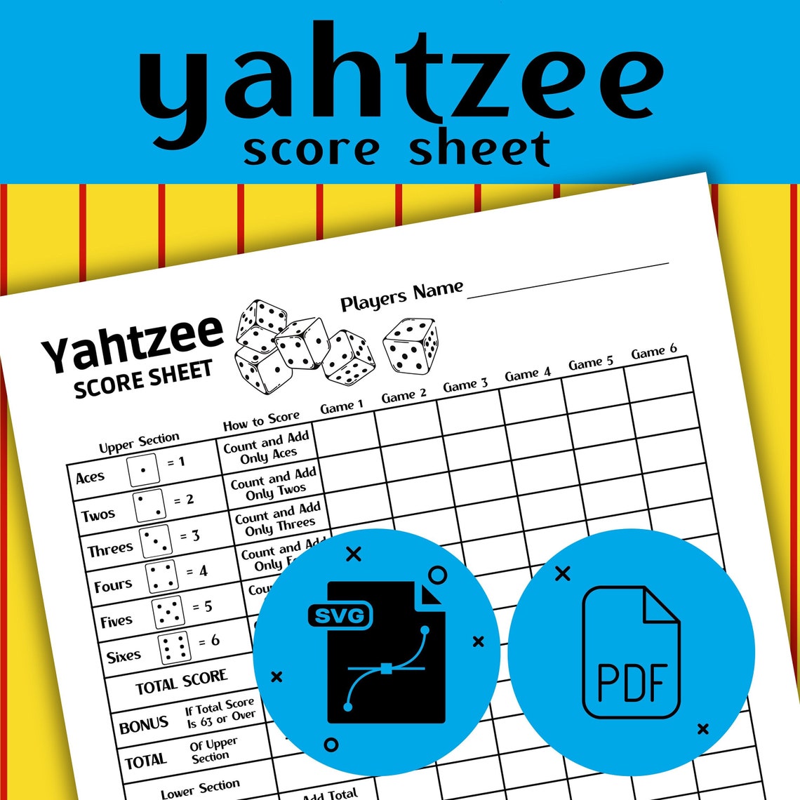 Yahtzee Dice Game Score Sheet PDF SVG FILE Yahtzee Template Yardzee ...