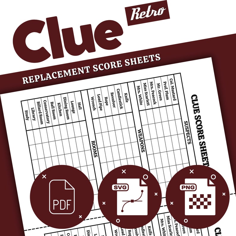 Retro Clue Replacement Score Sheet PDF SVG PNG Files Clue With Mrs ...