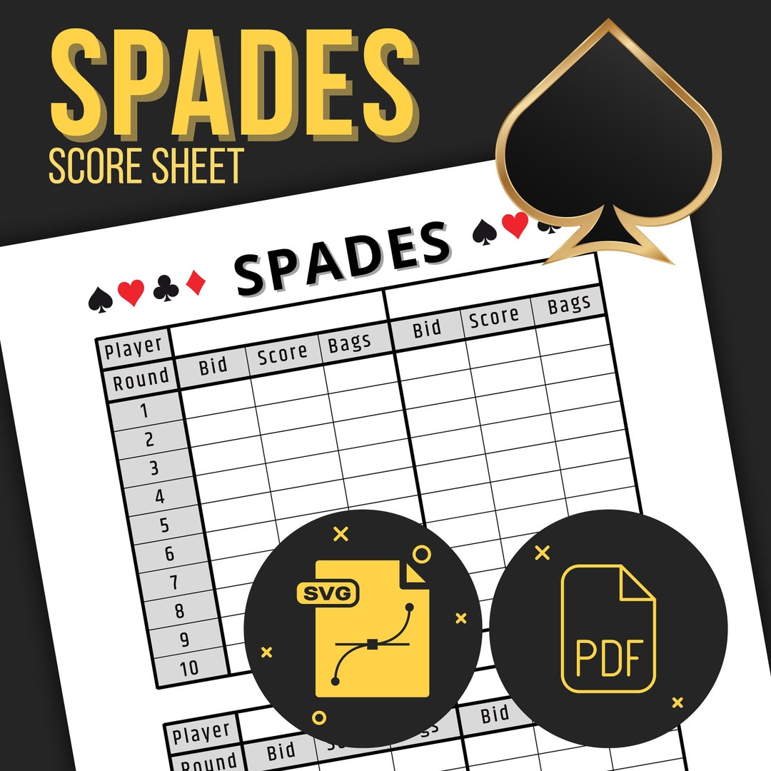 Spades Score Sheet Spades PDF Template Spades Game Score Keeper Spades ...