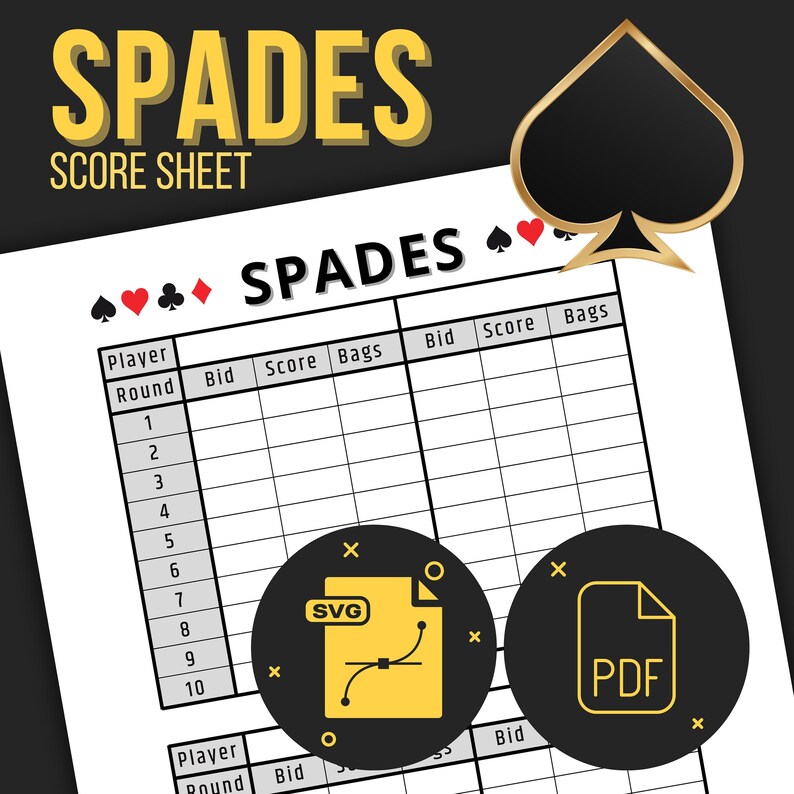 Spades Score Sheet Spades PDF Template Spades Game Score Keeper Spades ...