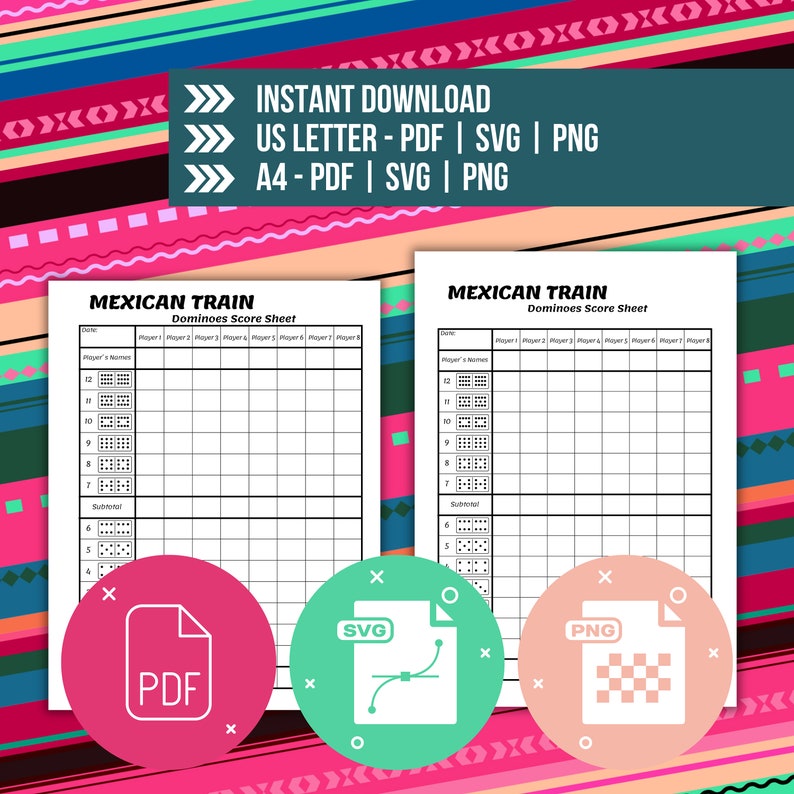 Mexican Train Dominoes Score Sheets Digital Download Scorecard Mexican ...