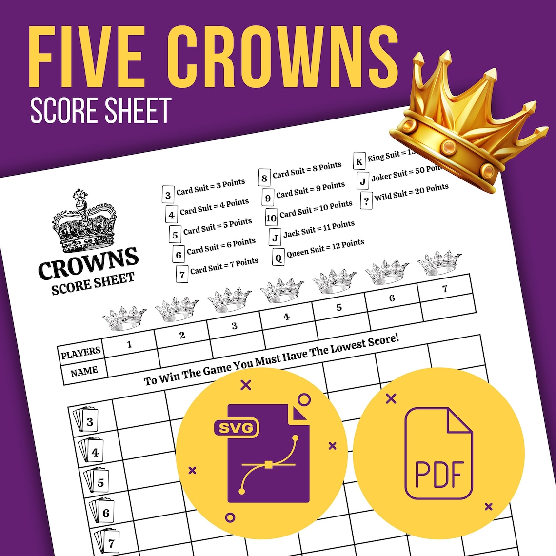 Five Crowns Game Score Sheet | 5 Crowns Printable Template | 5 Crowns ...