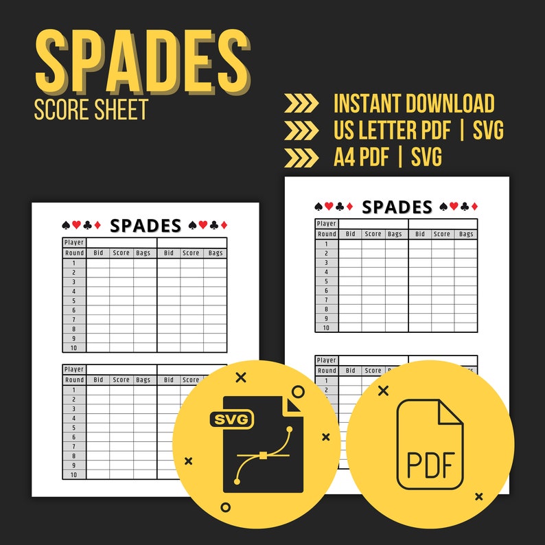Spades Score Sheet Spades PDF Template Spades Game Score Keeper Spades ...