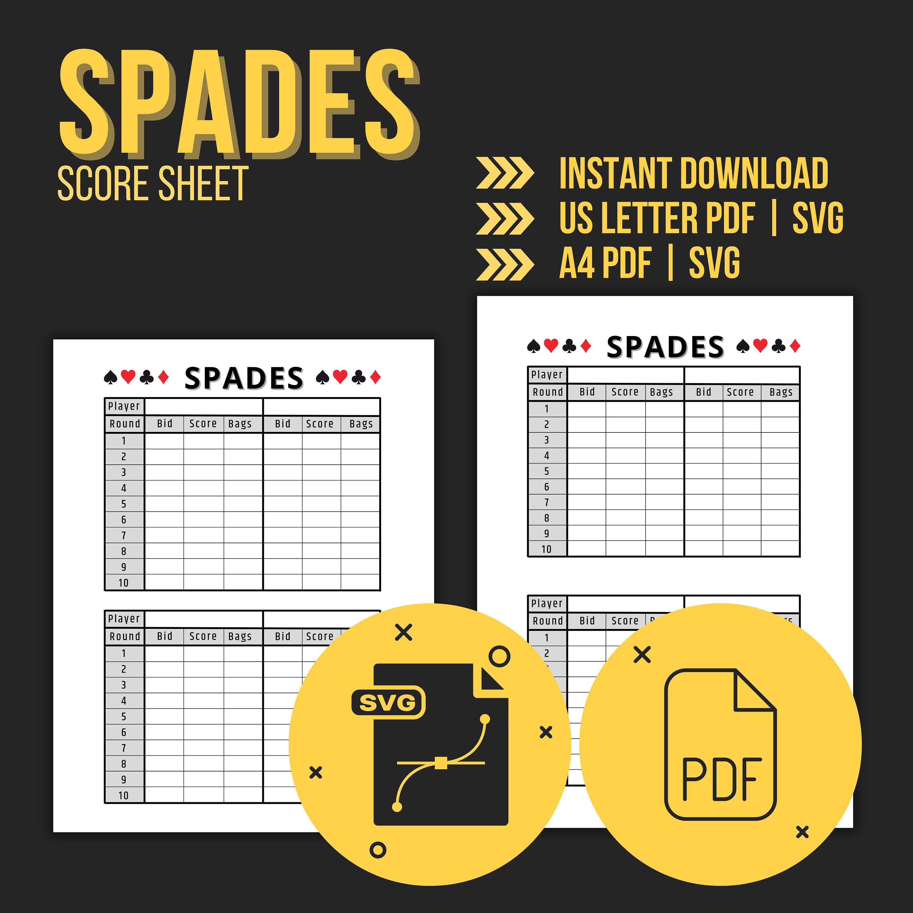 Spades Score Sheet Spades PDF Template Spades Game Score Keeper Spades ...