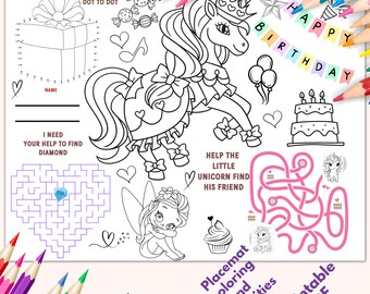 Birthday Coloring Placemat Printable Birthday Party Coloring Page Pink ...